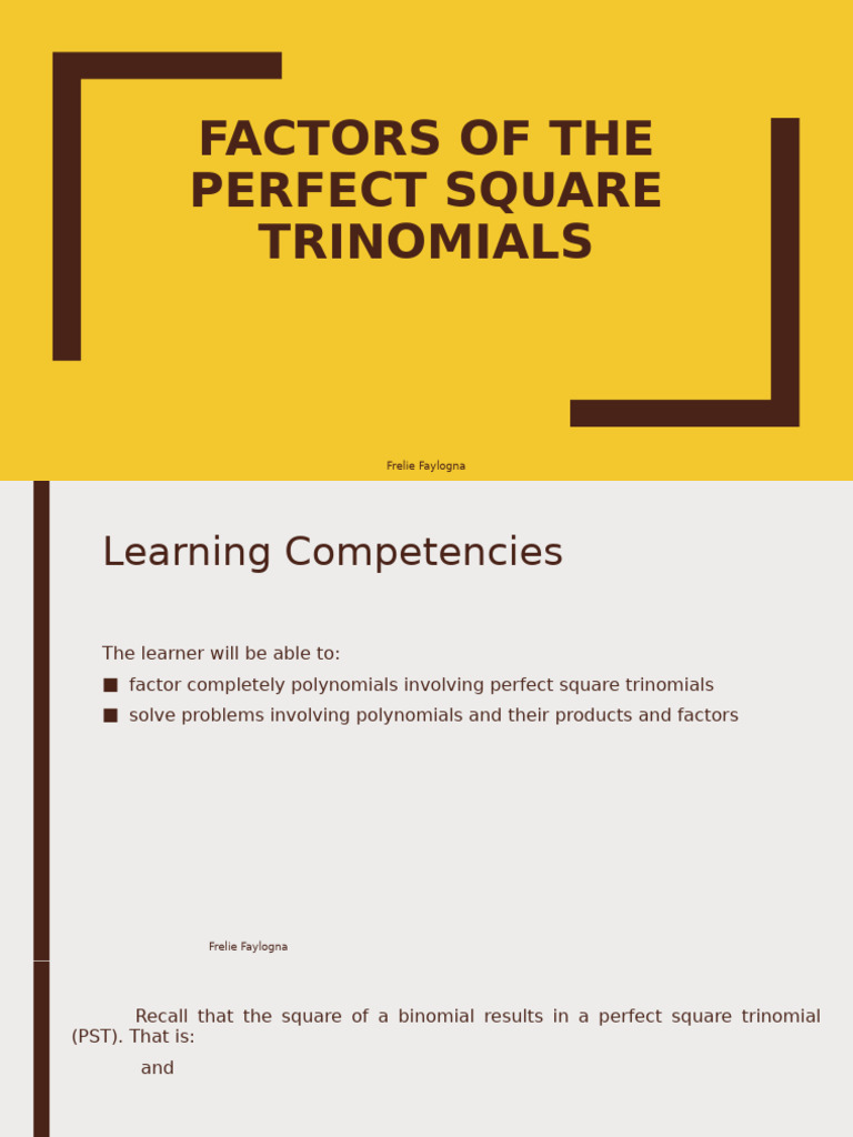 Factoring Perfect Square Trinomials | PDF | Factorization | Algebra
