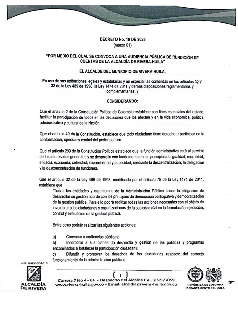 DECRETO RENDICÓN DE CUENTAS No 019 de 2025 | PDF | Administración ...