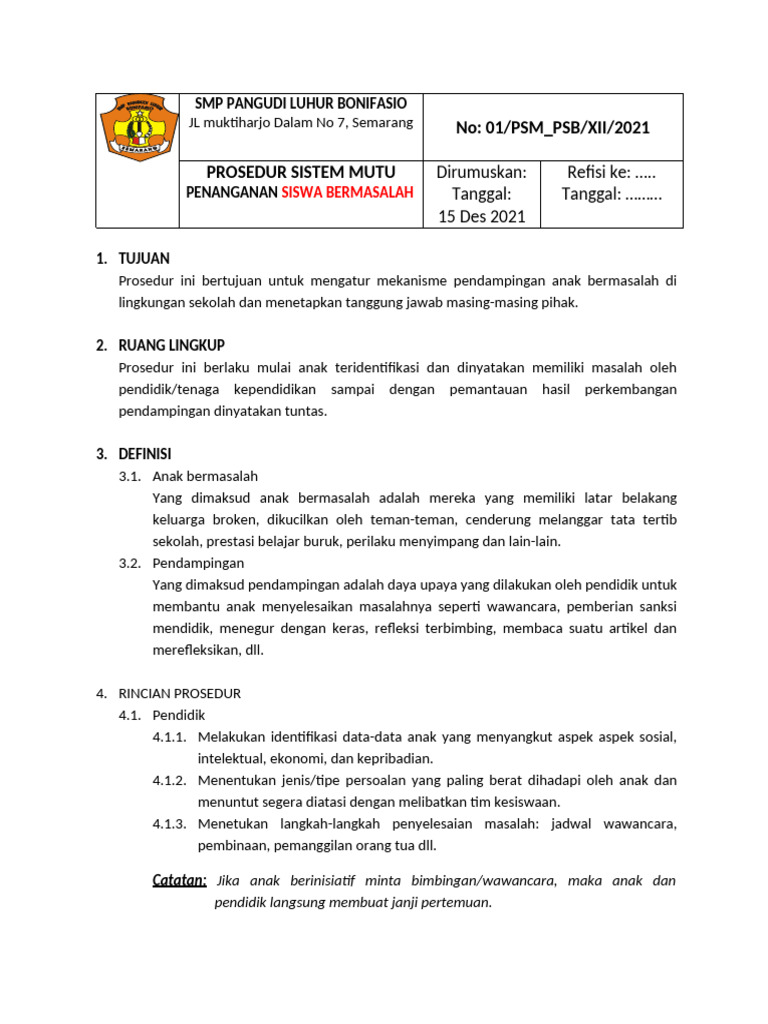 Prosedur Sistem Mutu - Penanganan Siswa | PDF