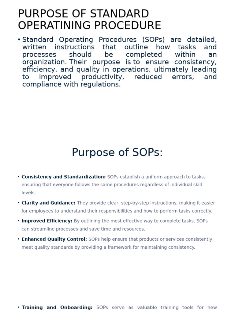 Purpose of Standard Operating Procedure | PDF | Regulatory Compliance ...