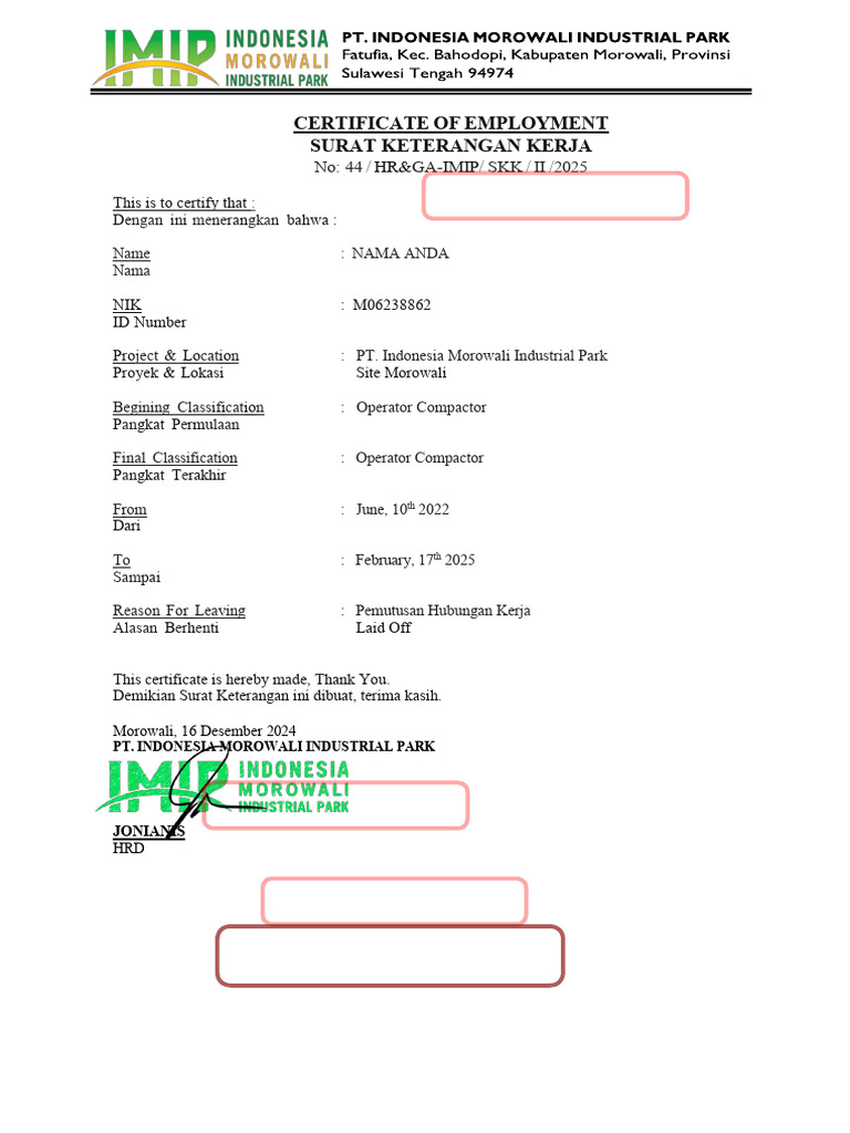 Surat Keterangan Kerja - IMIP | PDF