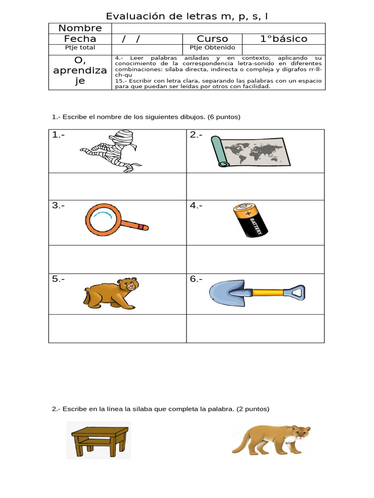 EVALUACION DE LENGUAJE 1 Letras M P L S | PDF