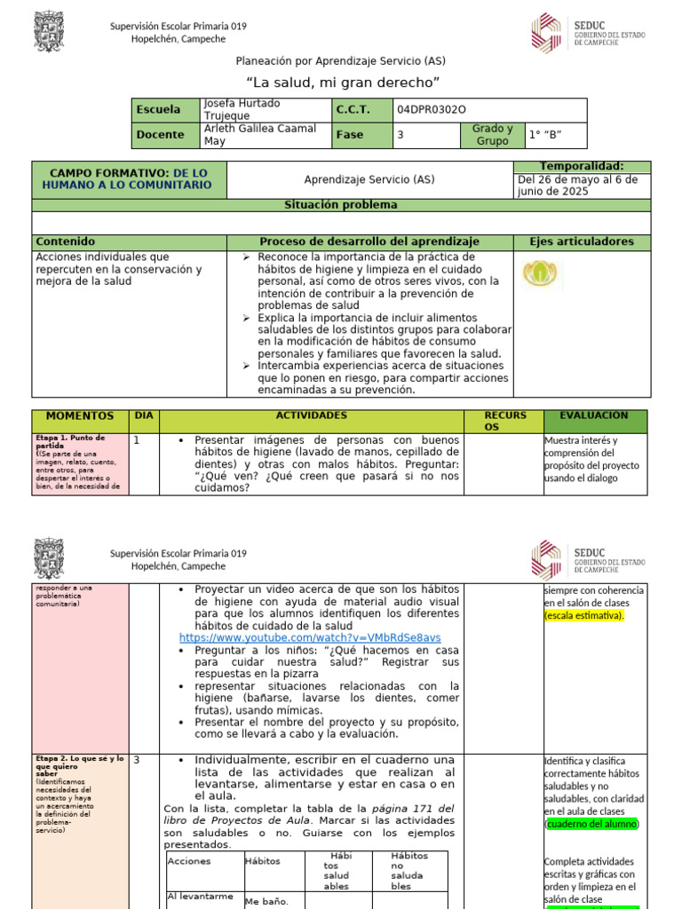 Formato PLANEACIÓN Aprendizaje en Servicio AS 042328 | PDF | Higiene | Aprendizaje
