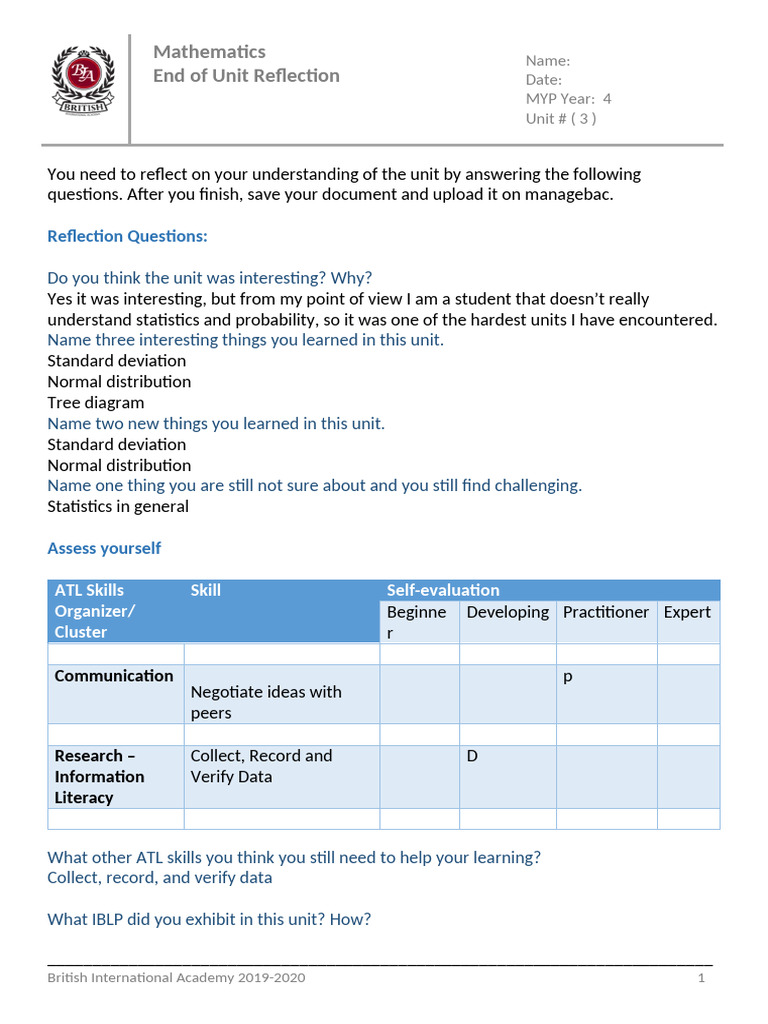 MYP Year 4 Math Unit Reflection | PDF