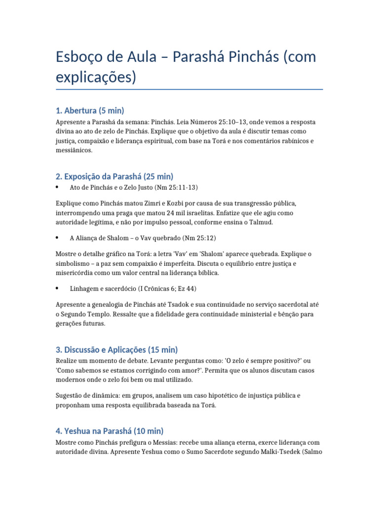 Esboço de Aula - Parashá Pinchás (Explicado) | PDF