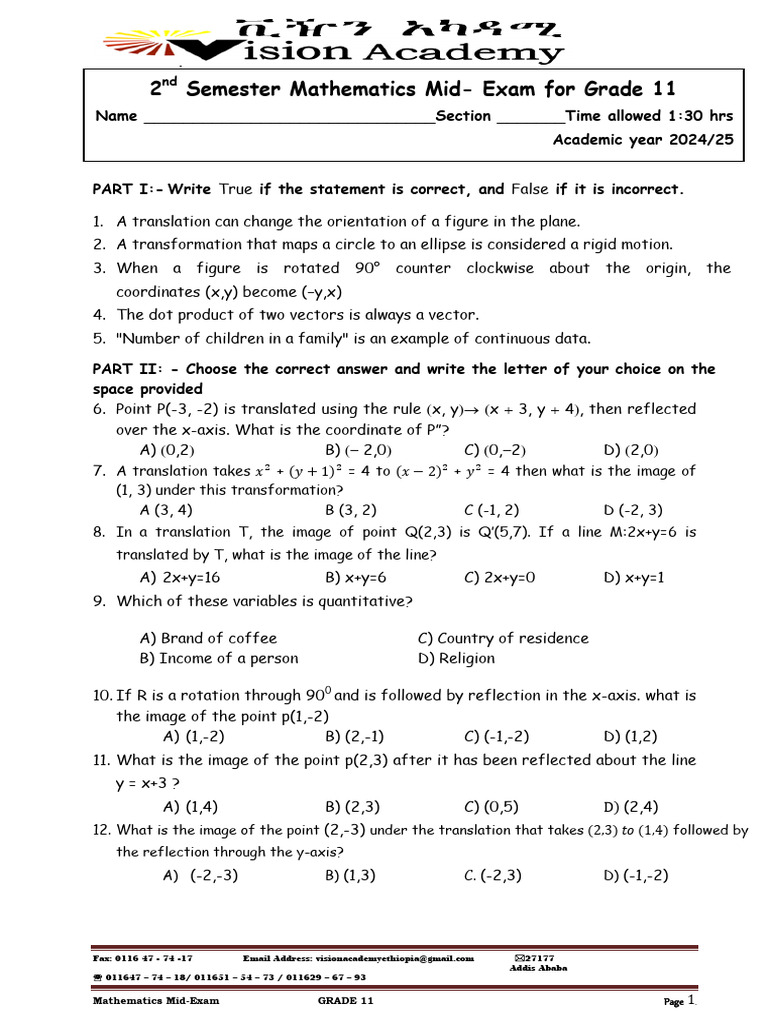 Grade 11 Mathematics Mid-Exam Guide | PDF | Euclidean Vector | Linear ...