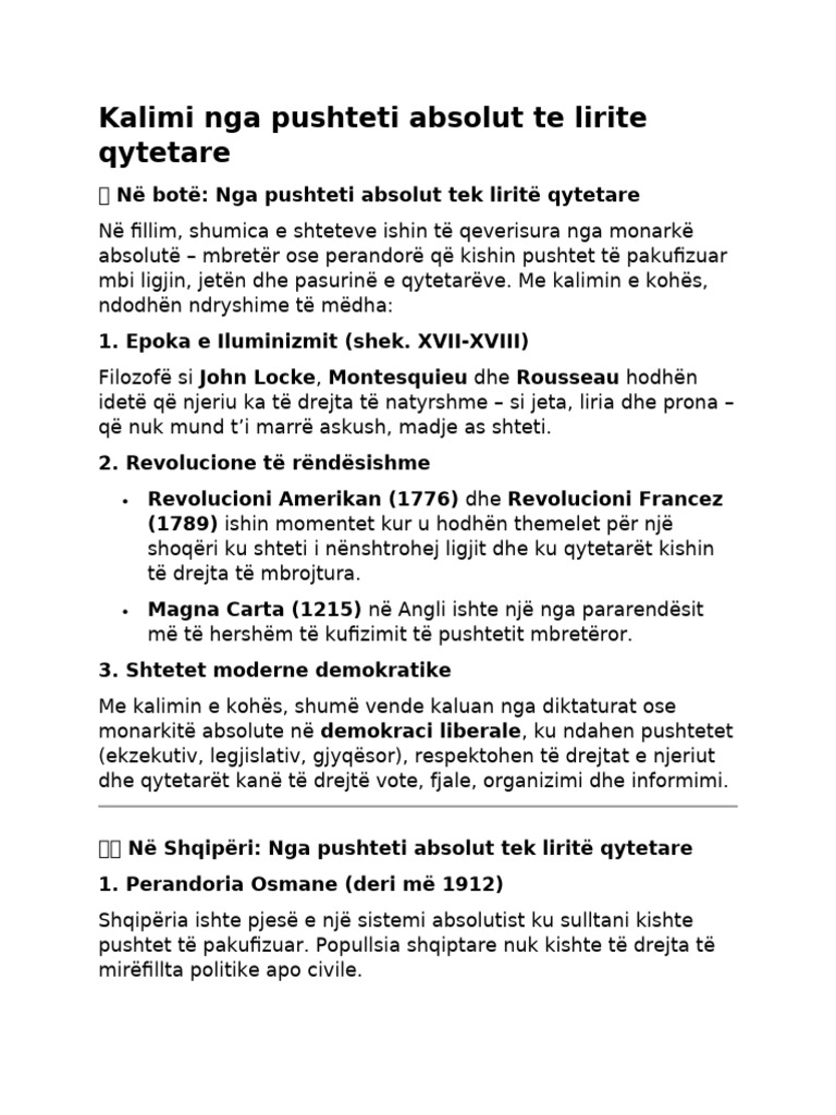 Kalimi Nga Pushteti Absolut Te Lirite Qytetare Kristina 10D | PDF