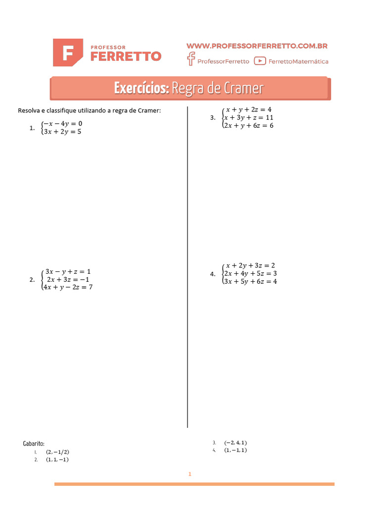 Regra de Cramer - Exercicios | PDF