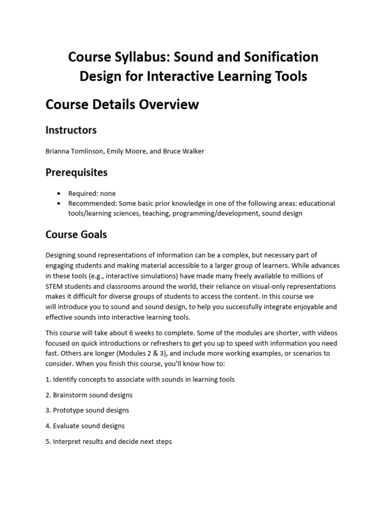 Sound and Sonification Design For Interactive Learning Tools - Syllabus | PDF | Learning | Sound