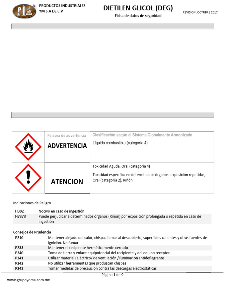 Ficha de Seguridad: Dietilen Glicol (DEG) | PDF | Combustión ...
