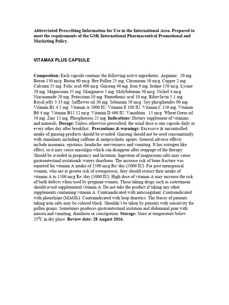 Api - Vitamax - Plus - Capsule - August - 2016 Supplement | PDF | Magnesium | Dietary Supplements