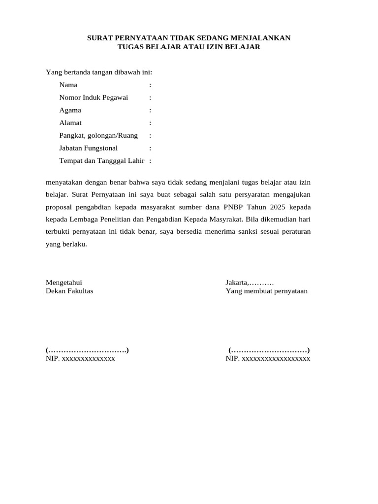 SURAT PERNYATAAN Tidak Sedang Tugas Belajar | PDF