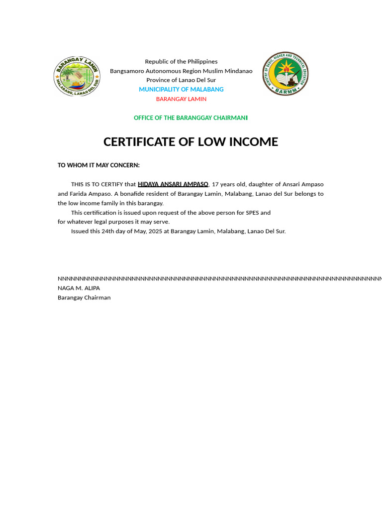 Certificate of Low Income - Malabang | PDF