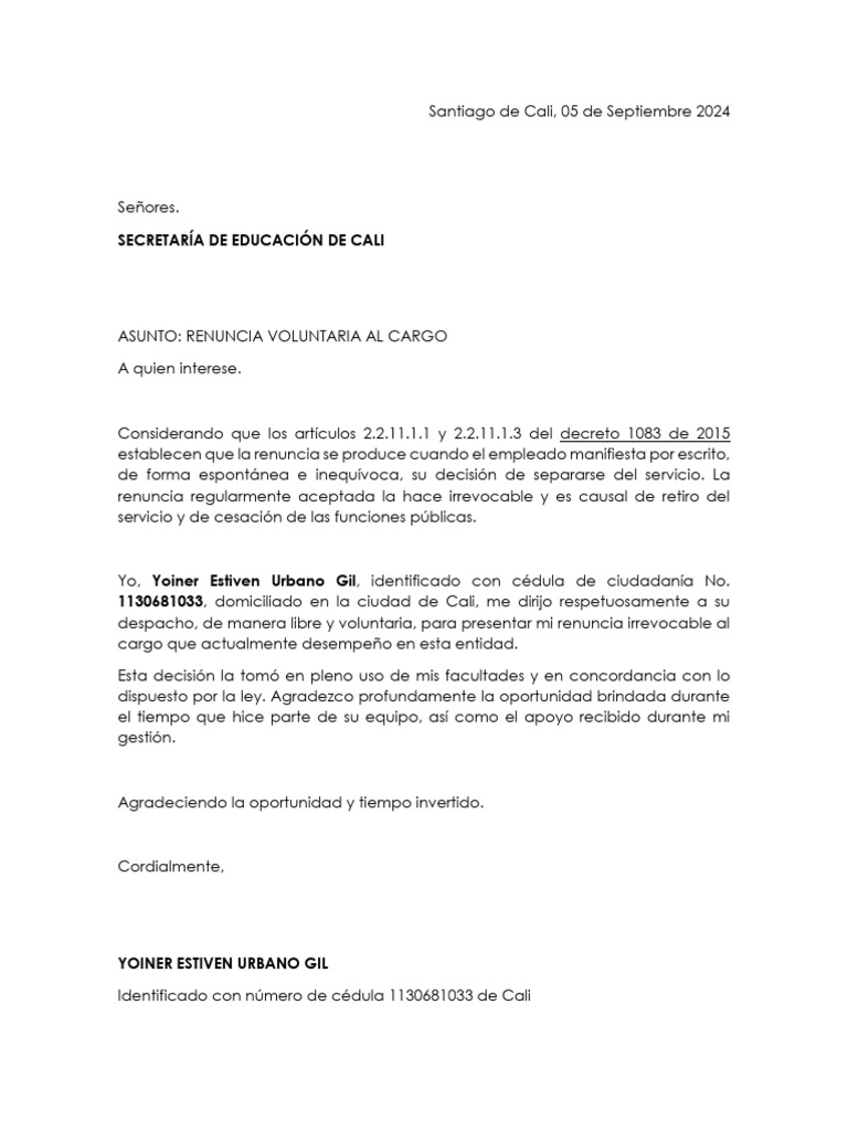 Renuncia Voluntaria de Yoiner Urbano Gil | PDF