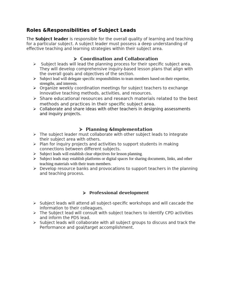Subject leads Roles &Responsibilities | PDF