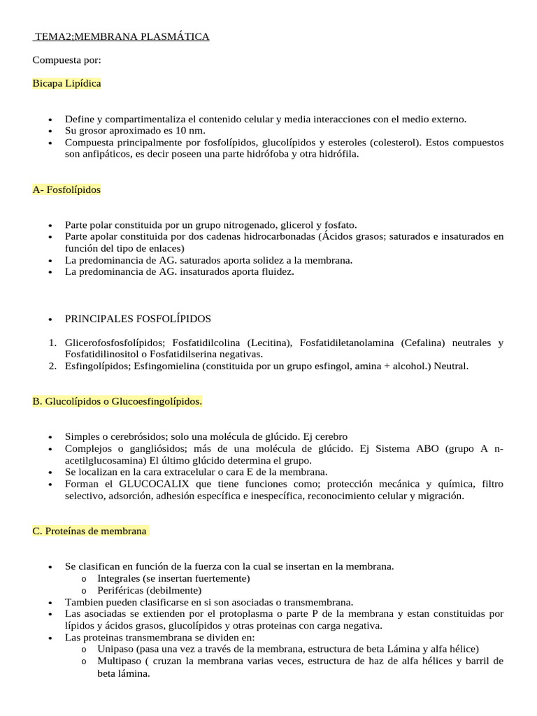 TEMA 2 MEMBRANA PLASMÁTICA WORD | PDF | Membrana celular | Lípido