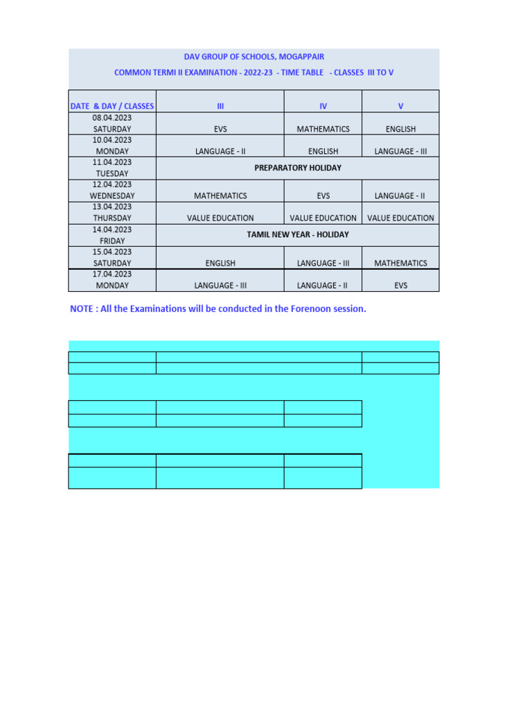 Common Term Ii Time Table - Classes Iii To V | PDF