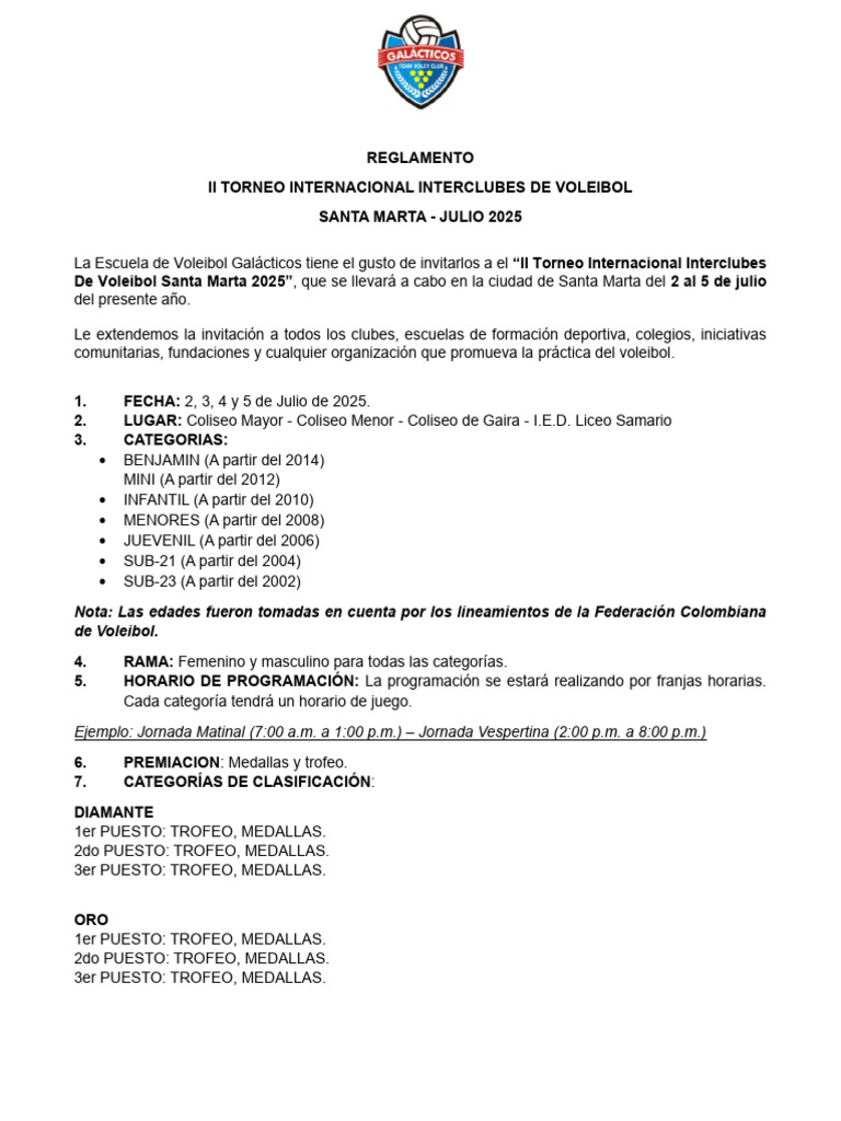 Reglamento Ii Torneo Internacional Interclubes 2025 | PDF