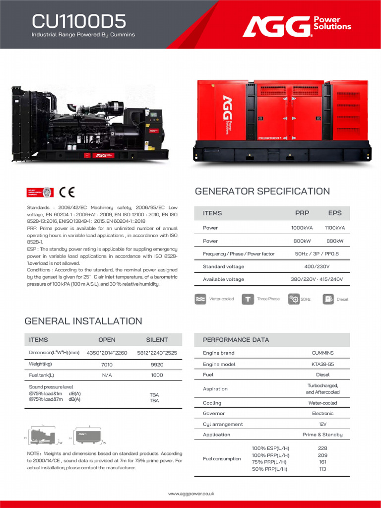 DG-SPEC-CU1100D5 - Specs | PDF | Engines | Diesel Engine