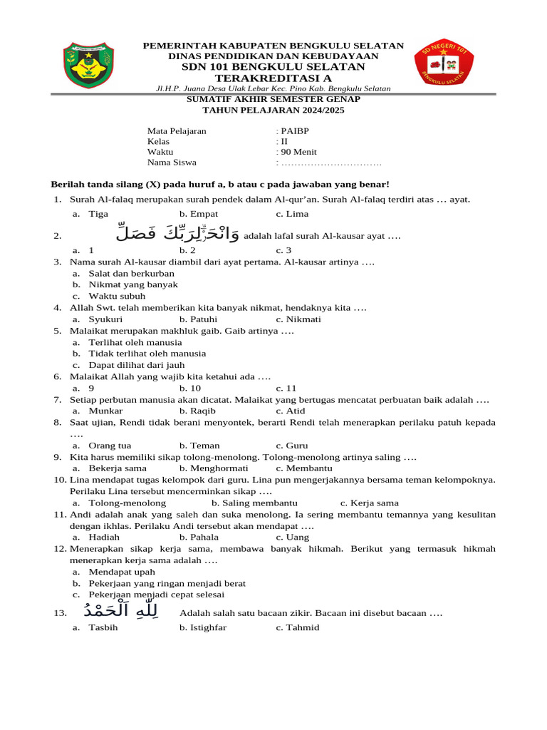 Soal PAIBP Kelas II Semester Genap | PDF