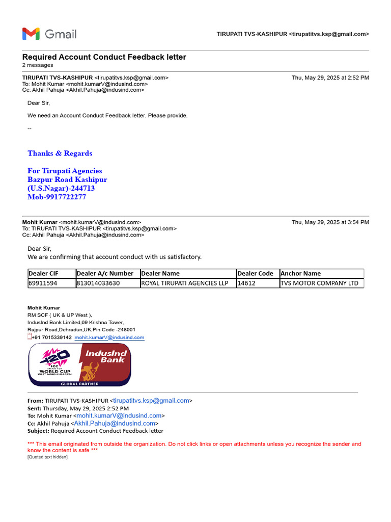IndusInd Bank Account Conduct Feedback | PDF
