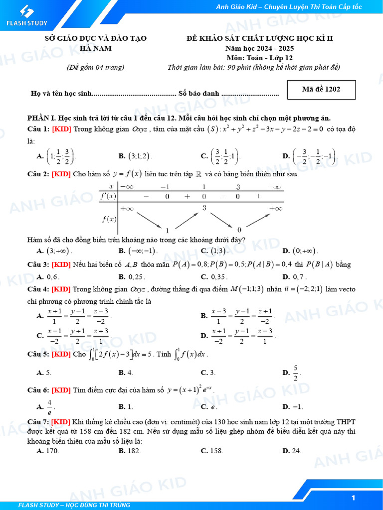 ĐỀ KSCL - SỞ HÀ NAM | PDF