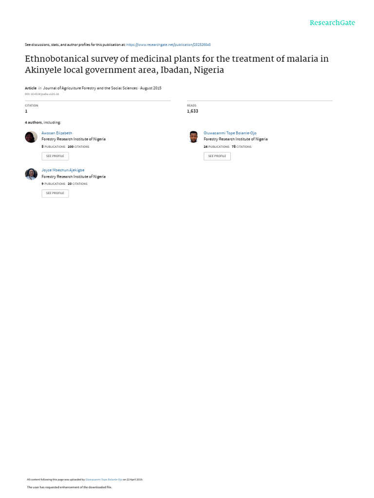 Ethnobotanical Survey of Medicinal Plants For The Treatment of Malaria in Akinyele Local ...