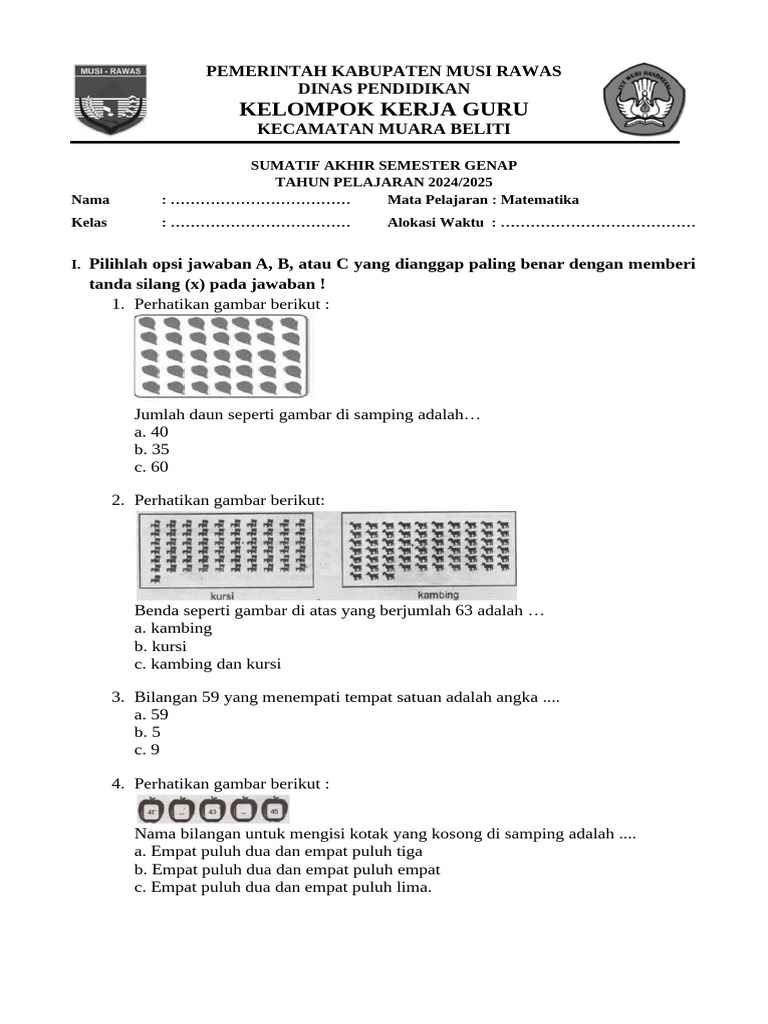 Soal Sas Matematika I Semester Genap 2024-2025 | PDF