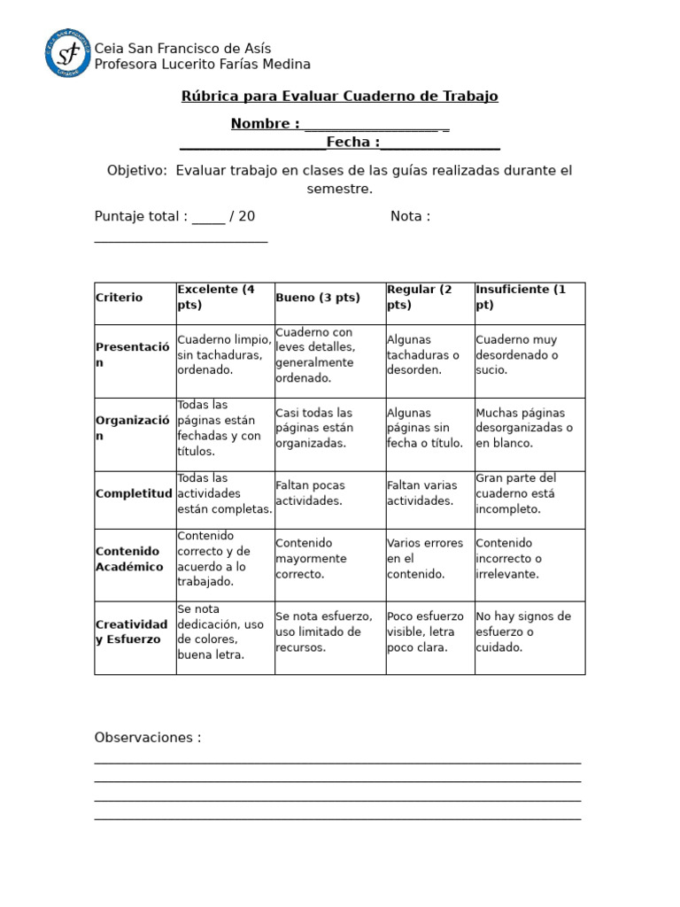 Rúbrica para Evaluar Cuaderno de Trabajo Ceia | PDF