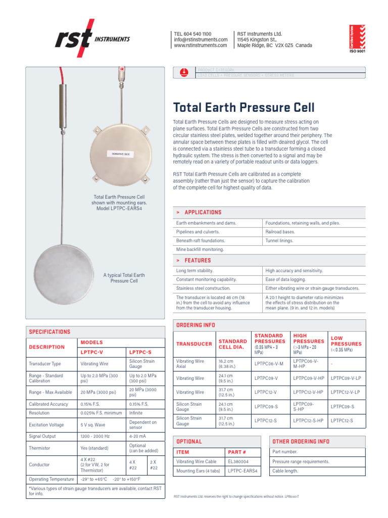 Total Earth Pressure Cell LPB0001T | PDF | Measuring Instrument ...