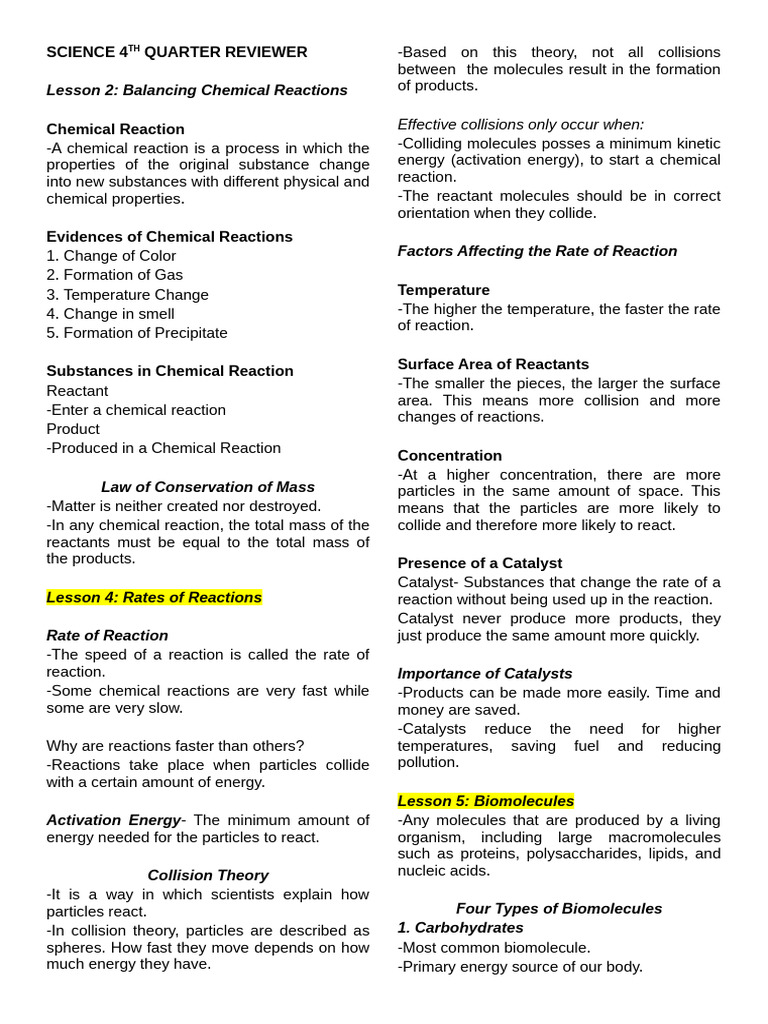 4th Quarter Science: Chemical Reactions & Biomolecules | PDF | Reaction ...