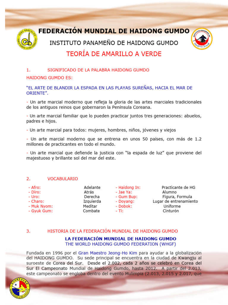 2 Teoria Haidong Gumdo Amarillo A Verde 2017 v2 | PDF | Taekwondo | Kárate