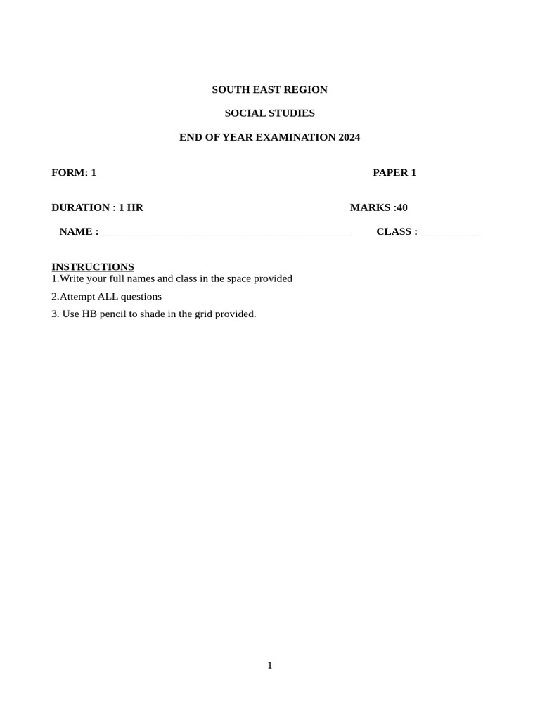 Social Studies Form 1 Exam Paper 2024 | PDF | Homo | Rain