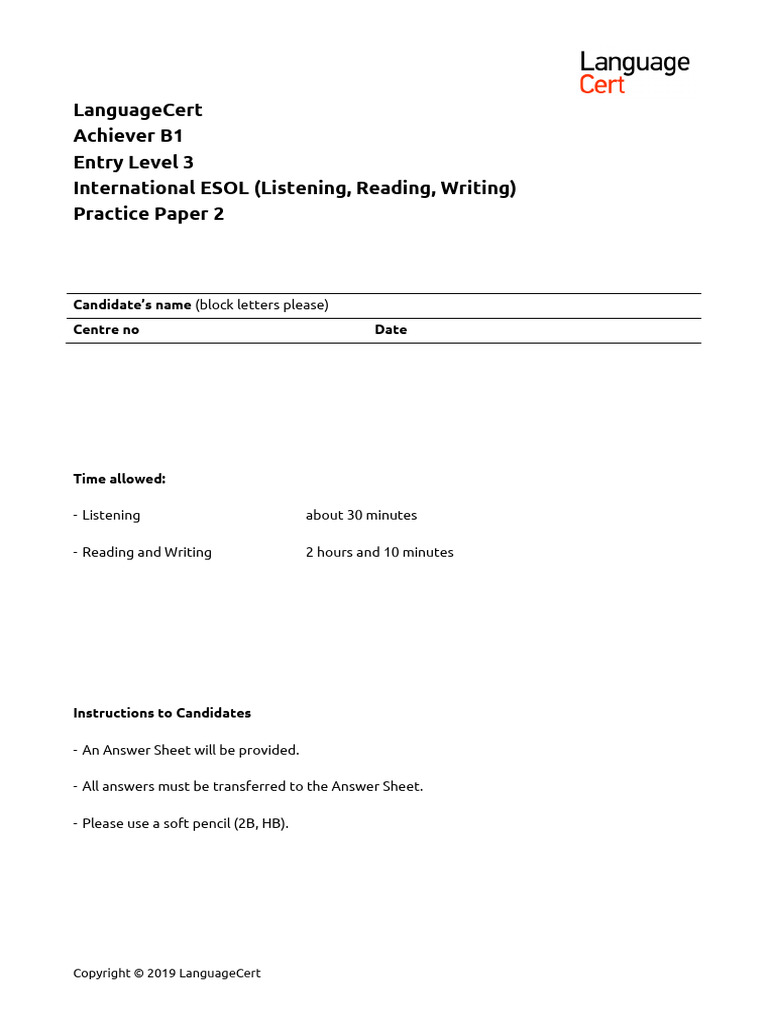 LanguageCert Achiever B1 Practice Paper | PDF