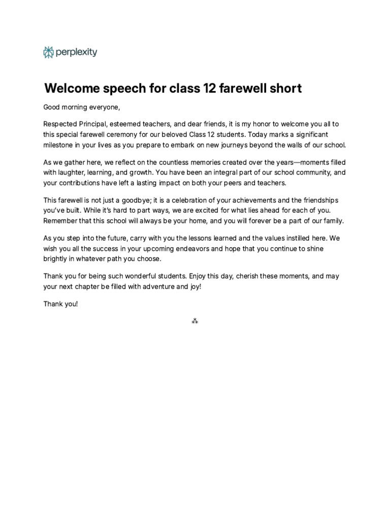 Farewell Speech for Class 12 Students | PDF