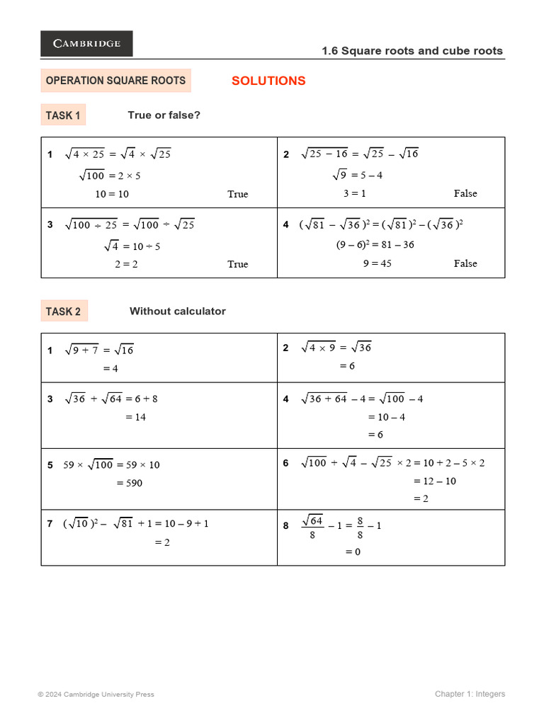 Unit 1.6 Operation-square-roots-SOLUTIONS | PDF