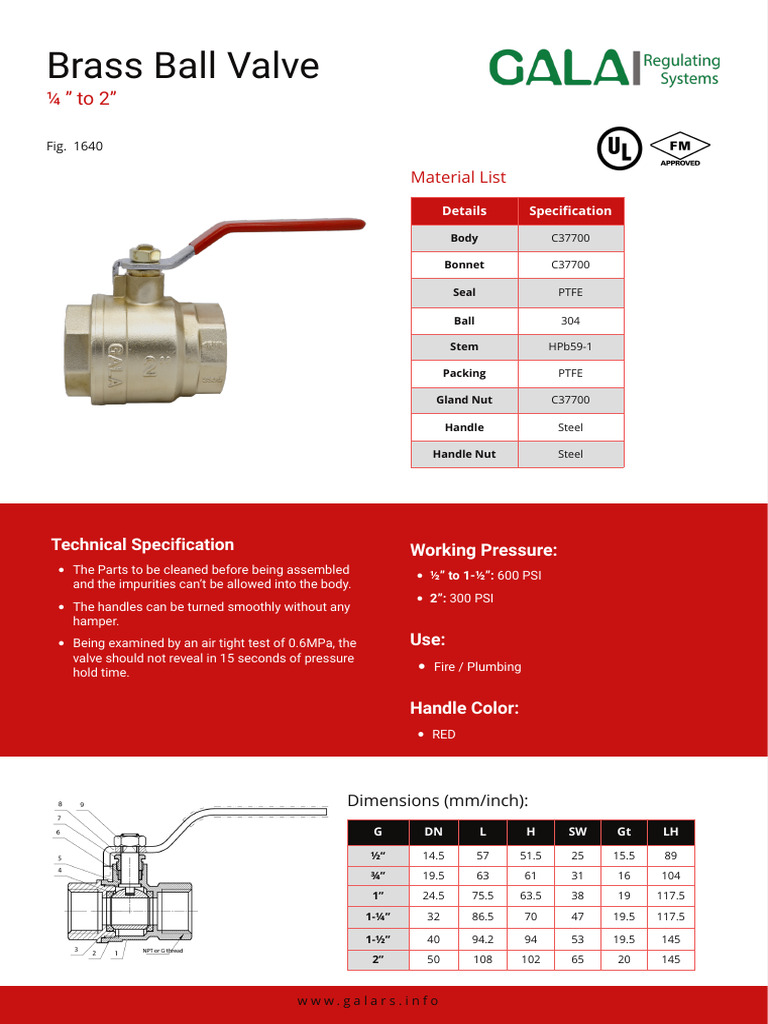 Gala Brass Ball Valve Specifications | PDF | Valve | Gas Technologies