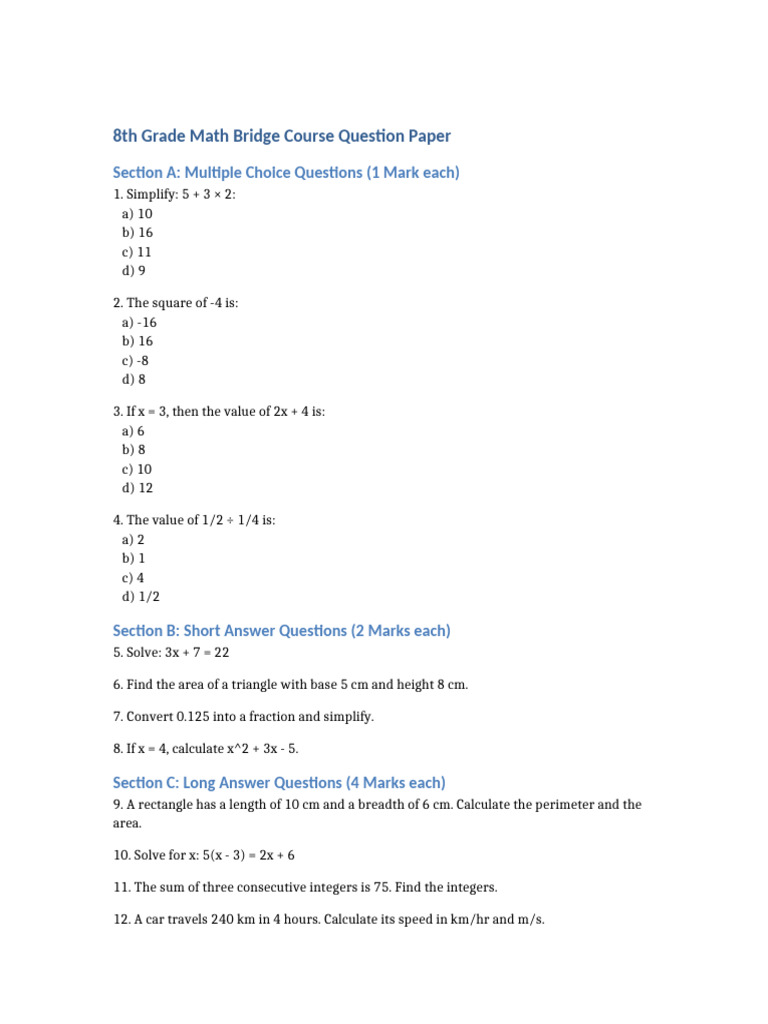 8th Grade Math Bridge Course Question Paper | PDF