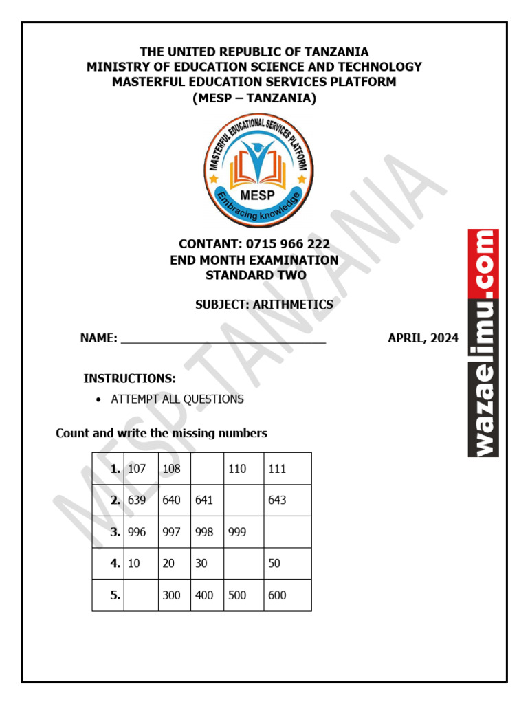 Standard Two Exam Papers 2024 | PDF