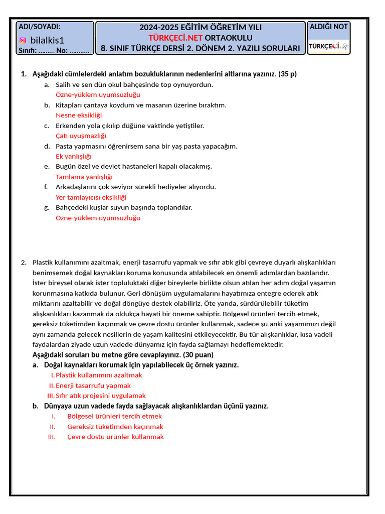 2024 2025 Egitim Ogretim Yili Turkce Dersi HECCEYayinlari 8. Sinif 2. Donem 2. Acik Uclu Sinav 1 ...