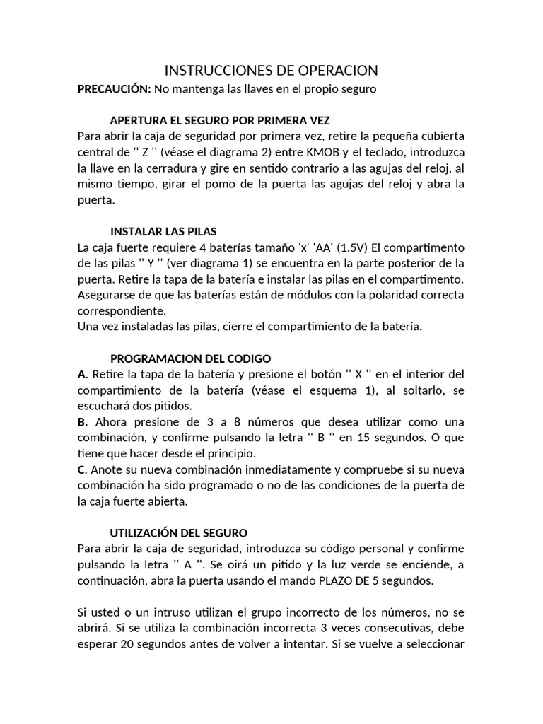 Instrucciones de Operacion Caja Fuerte | PDF