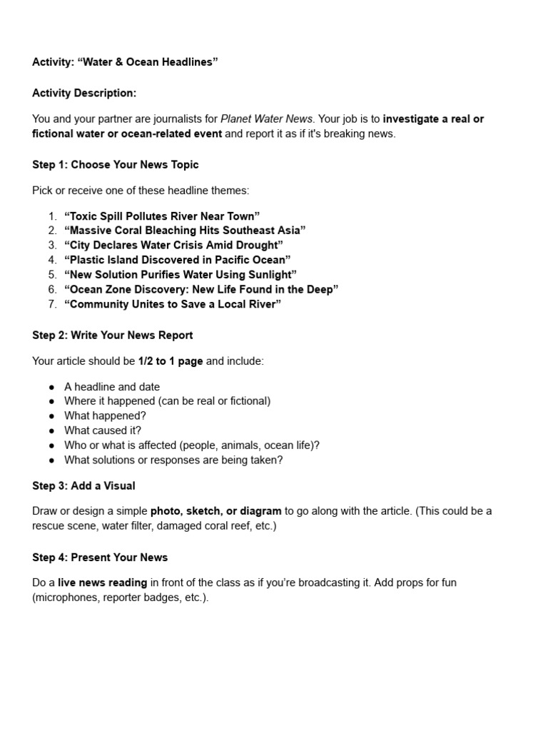 Activity - "Water & Ocean Headlines" | PDF