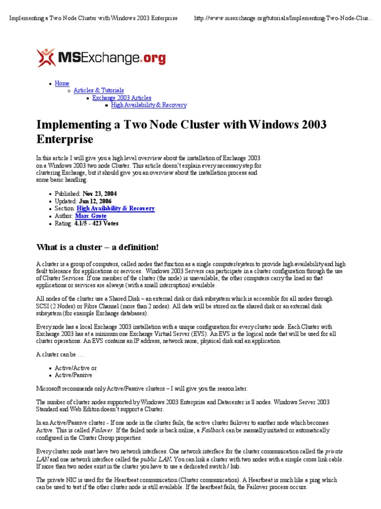 Implementing A Two Node Cluster Pdf Windows Server 2003 Computer Cluster