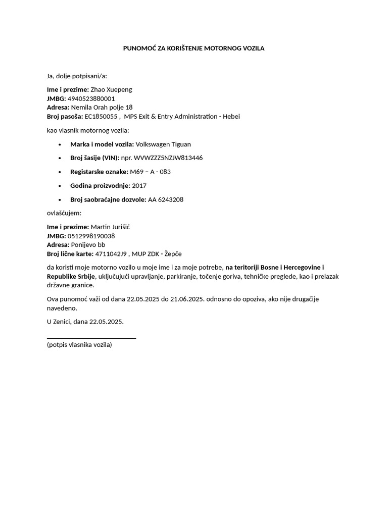 Punomoc Za Auto | PDF