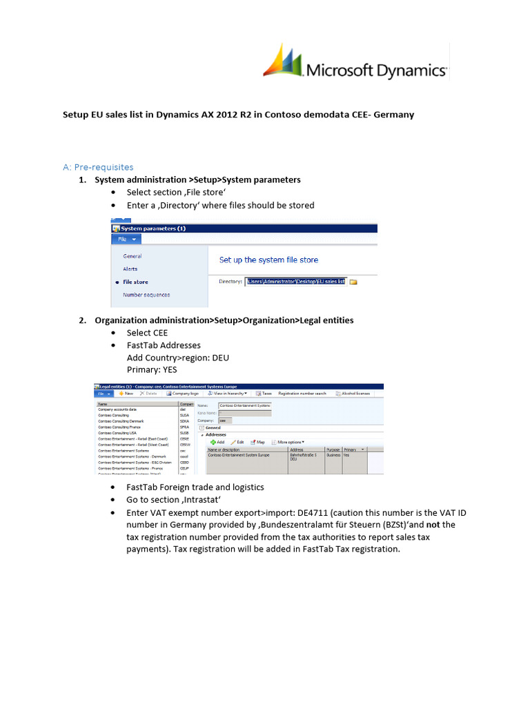 Short Setup for EU sales list in Dynamics AX 2012 R2 in Contoso demodata CEE | PDF | Invoice ...