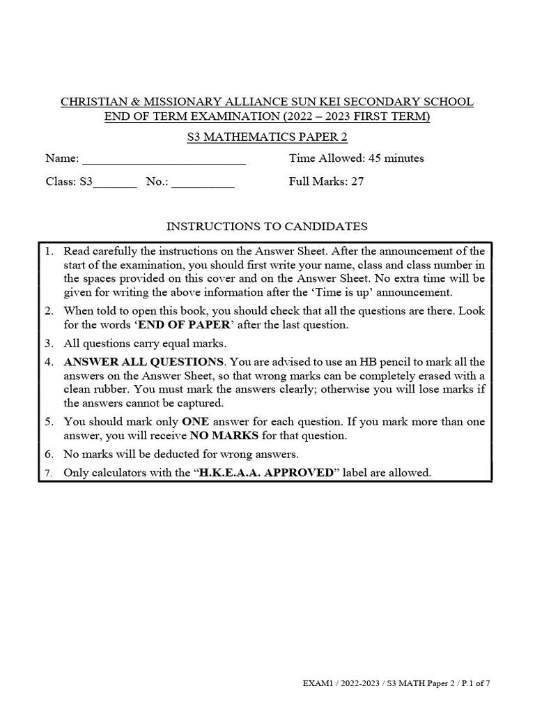 2223 S3 Math Exam 1 Paper 3 | PDF | Area | Euclidean Geometry