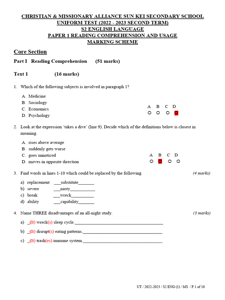 2223 UT S2 English Paper 1 MS (14mar) | PDF | Linguistics