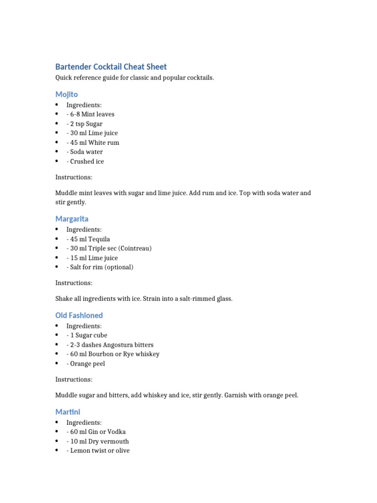 Bartender Cocktail Cheat Sheet | PDF