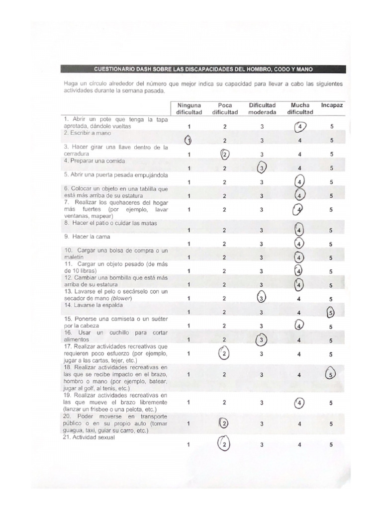 Cuestionario Dash Sobre Las Discapacidades Del Hombro, Codo y Mano | PDF