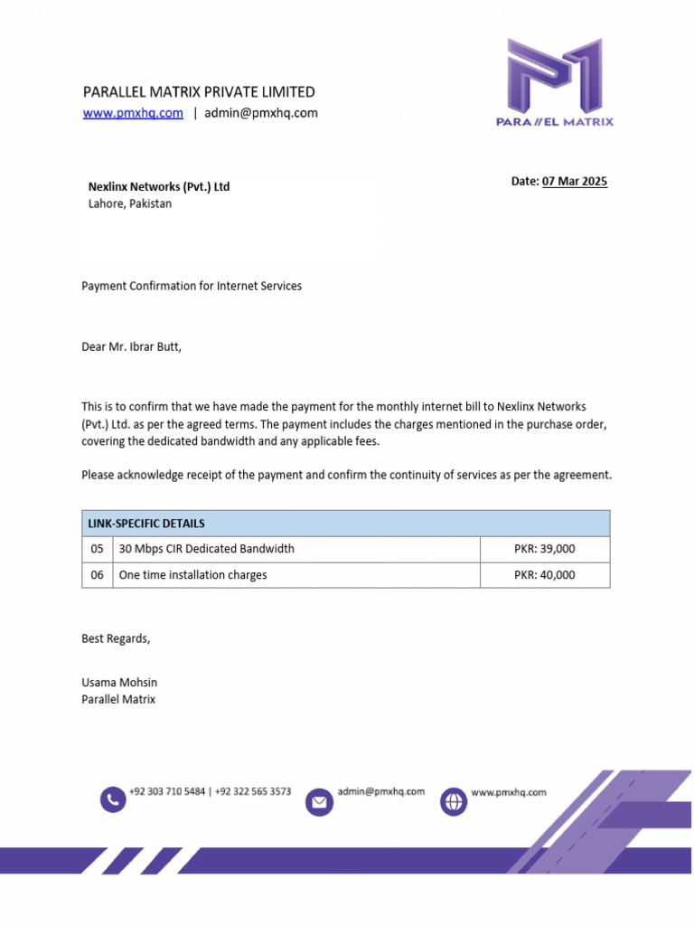 Payment Confirmation For Internet Services 1 | PDF